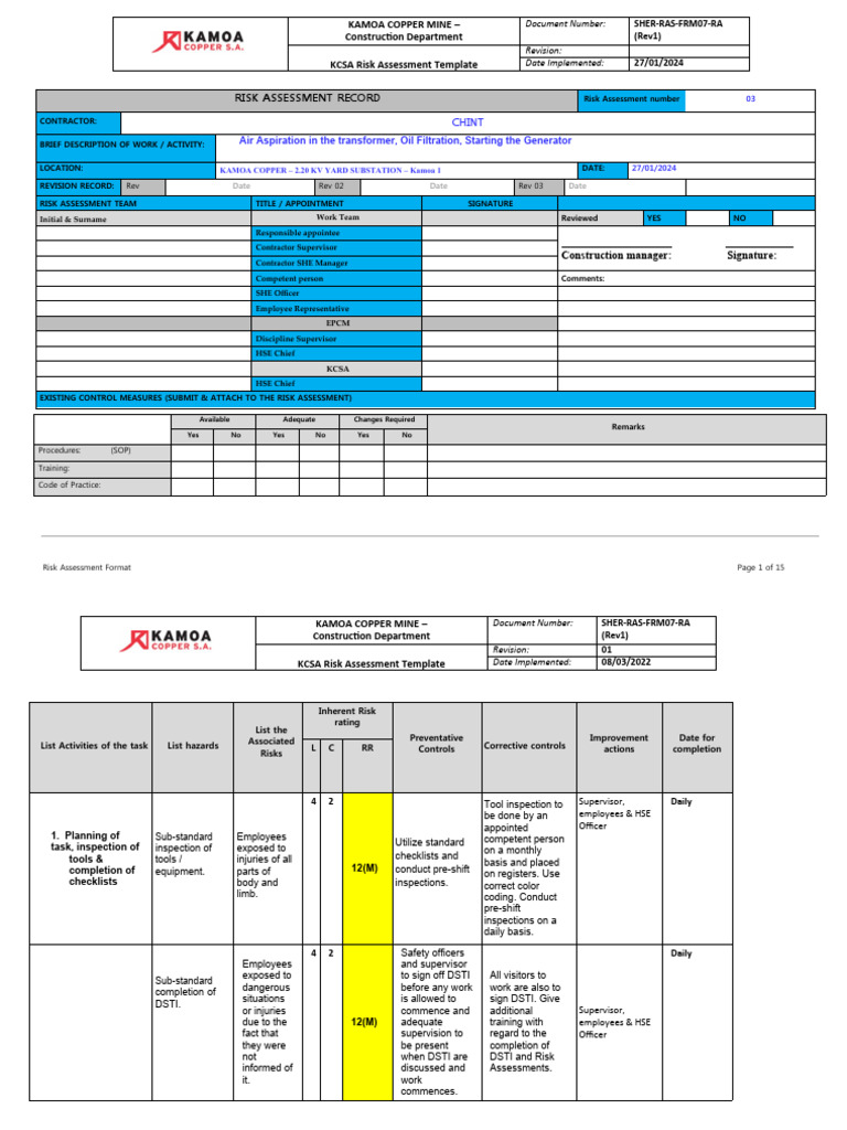 Ra Wah Night Shift - Word Format Fini | PDF | Risk Assessment | Supervisor