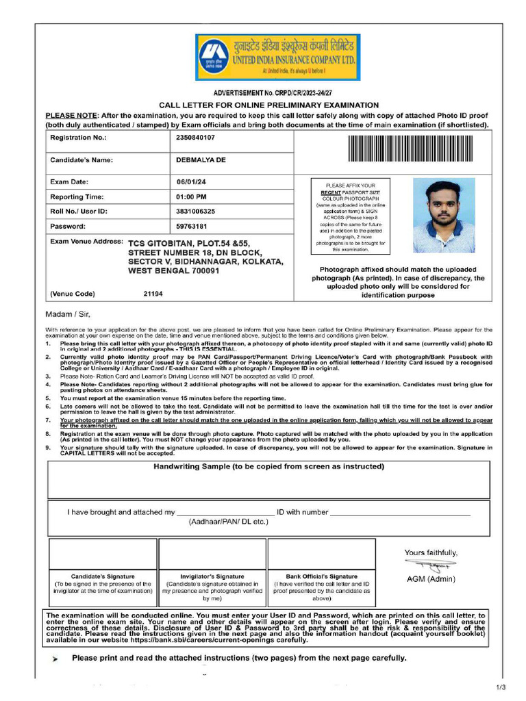 Uiic Assistnt 2024 Admit | PDF
