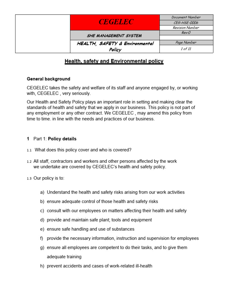 CEGELEC Health, Safety & Env Policy | PDF | Occupational Safety And Health | Employment