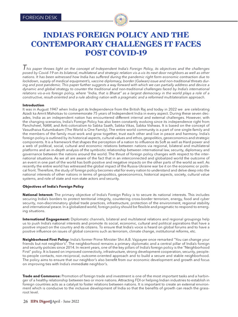 India'S Foreign Policy and The Contemporary Challenges It Faces Post ...