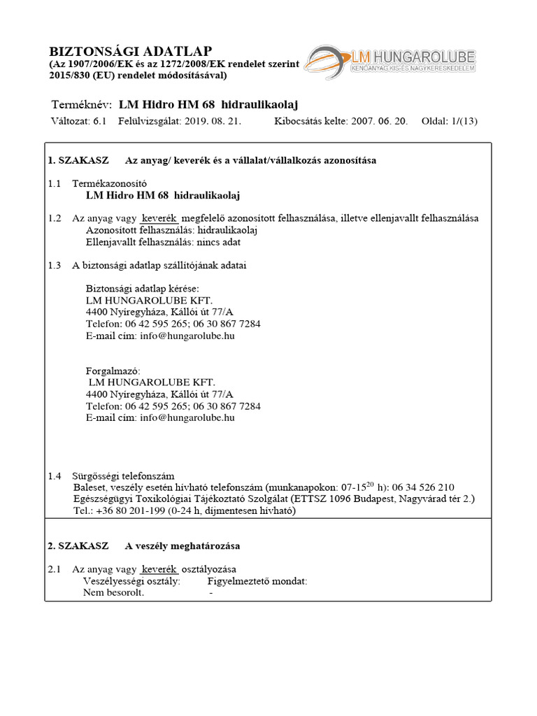 2568 LM Oil Hidro HM 68 Msds | PDF