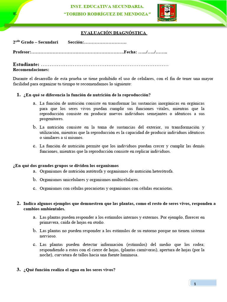 Evaluación Diagnóstica de Ciencia 2° Secundaria | PDF | Sangre | Plantas