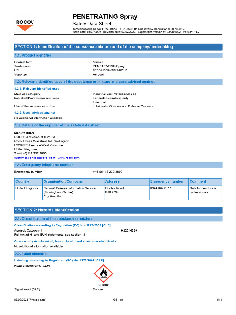 ROCOL PENETRATING SPRAY Datasheet | PDF | Toxicity | Chemical Substances