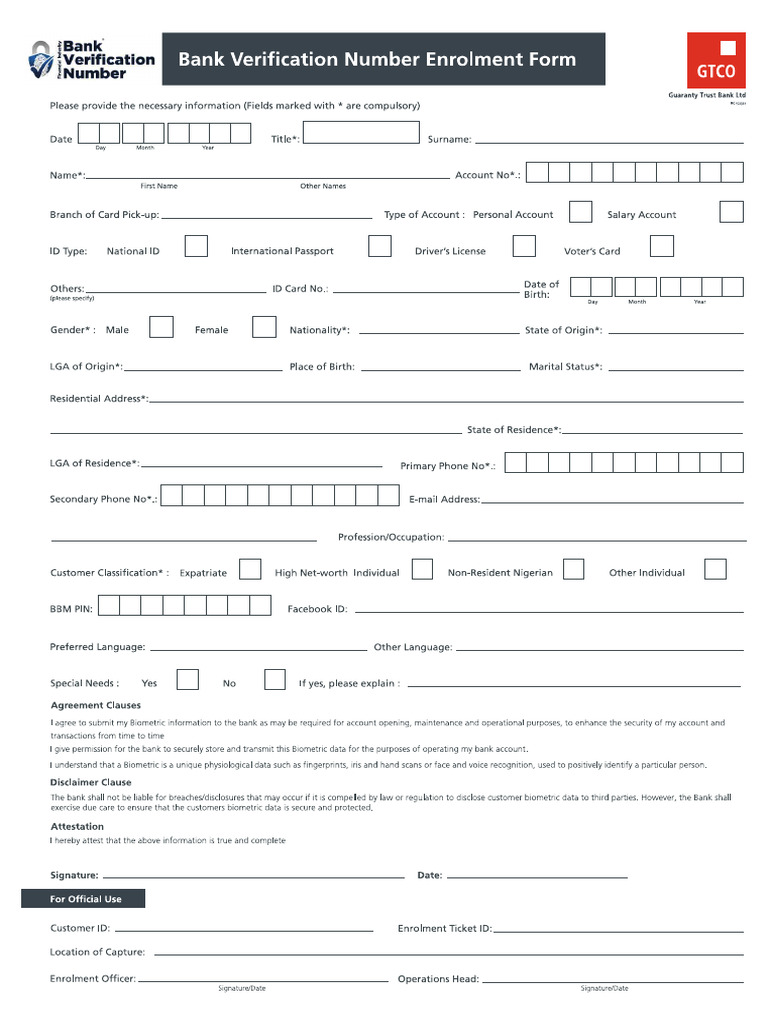 Bank Verification Number BVN Enrollment Form | PDF
