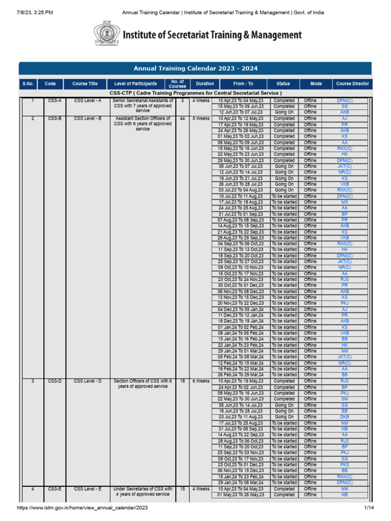 ISTM Annual Training Calendar 2023-24 | PDF