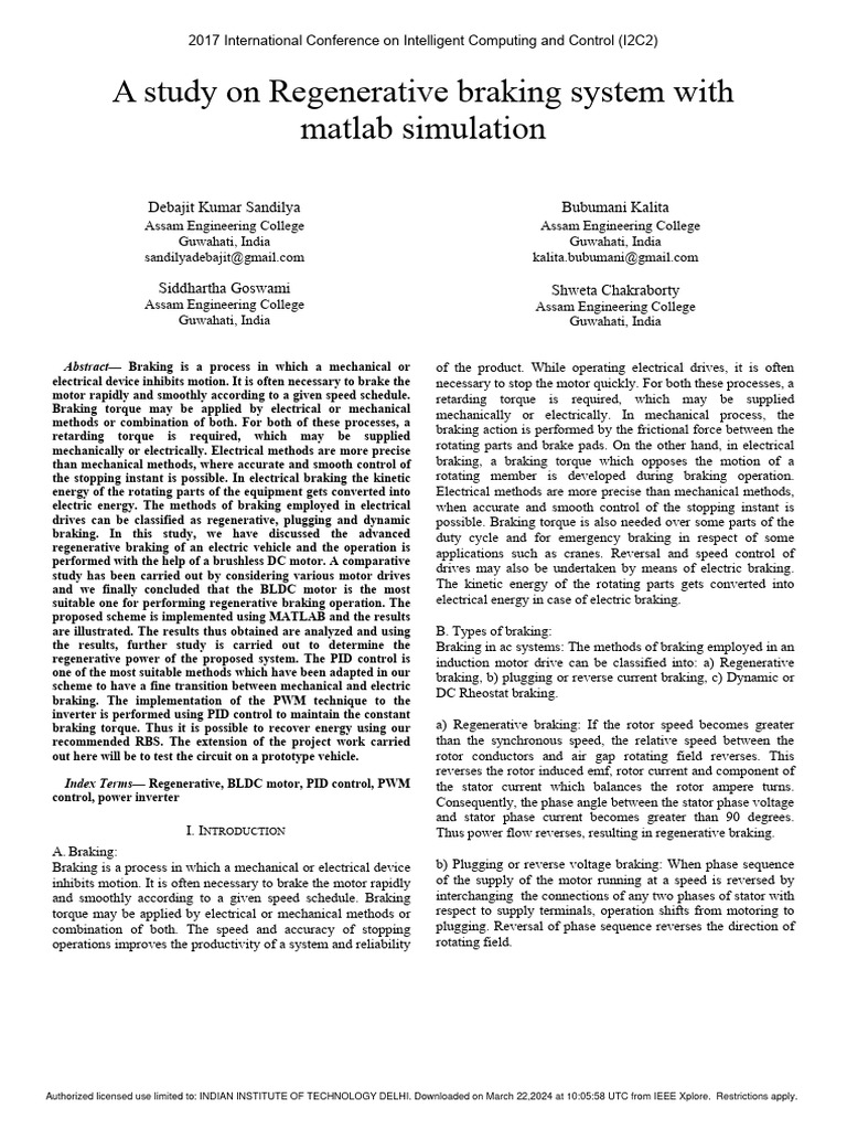A Study On Regenerative Braking System With Matlab Simulation | PDF | Electric Motor | Brake