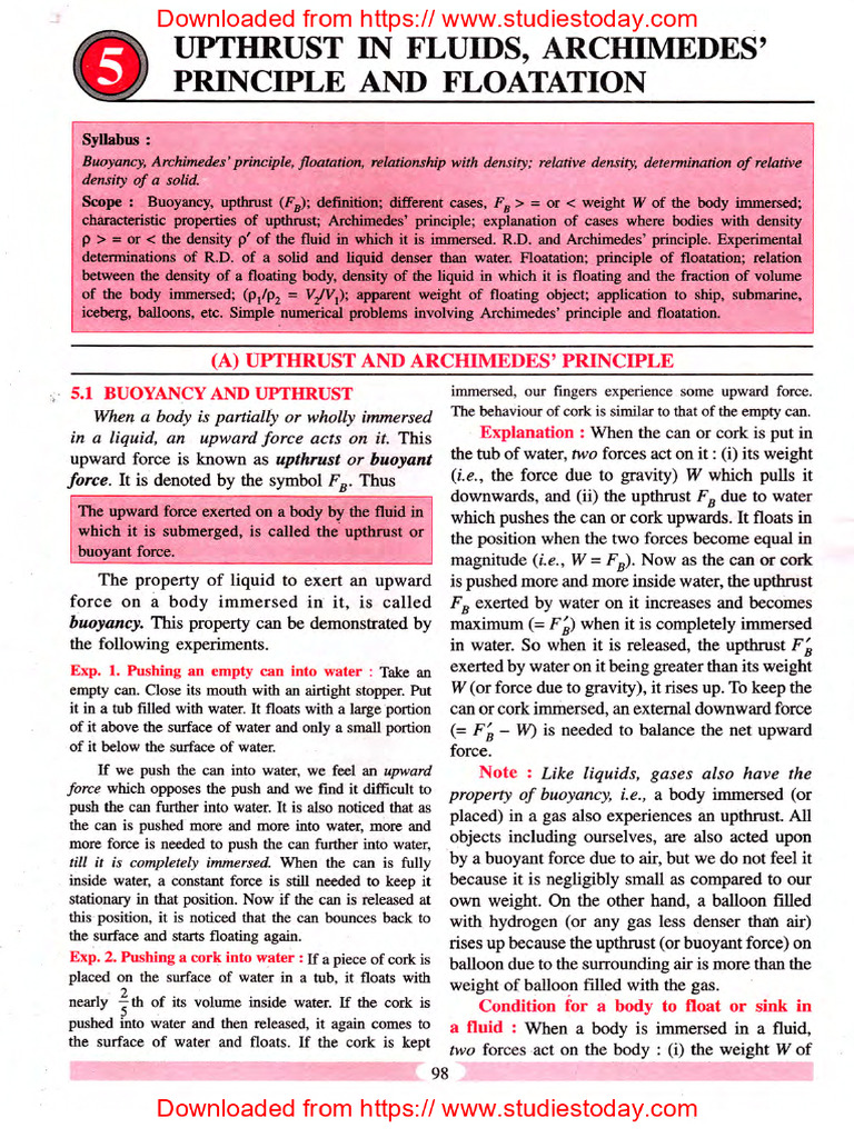 ICSE Class 9 Physics Chapter 05 Upthrust in Fluids Archimedes Principle and Floatation | PDF ...