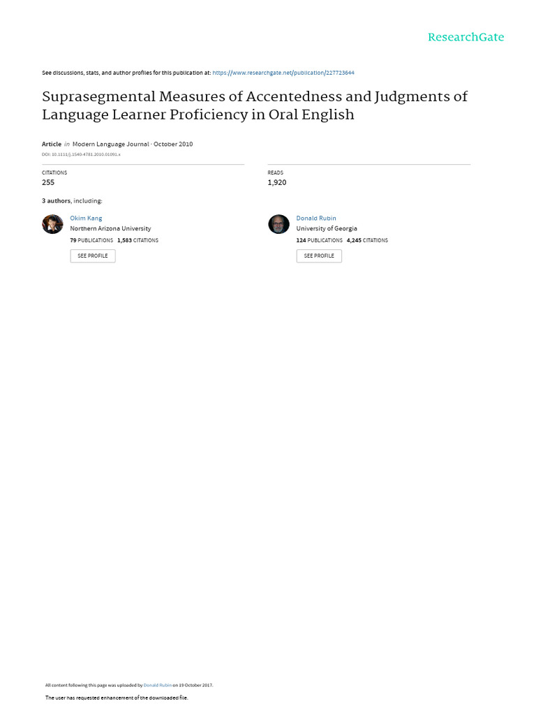 Suprasegmental Measures of Accentedness and Judgme | PDF | Stress (Linguistics) | Tone (Linguistics)