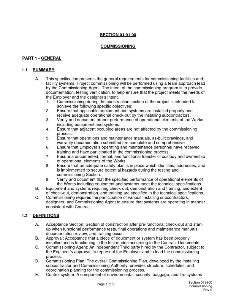 Section 019100 Commissioning - Rev0 | PDF | General Contractor