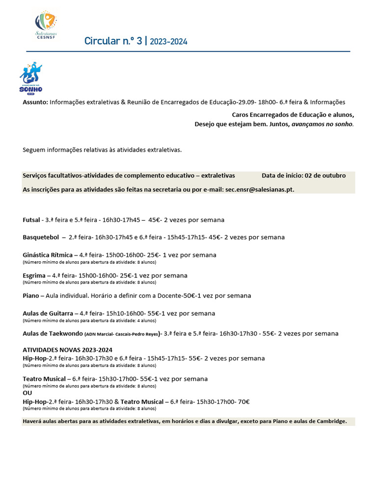 Circular N.º 3 Extraletivas e Outras Informações | PDF