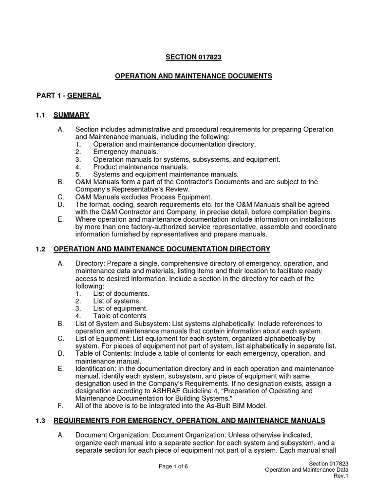 Section 017823 Operation and Maintenance Data - Rev1 | PDF | System ...