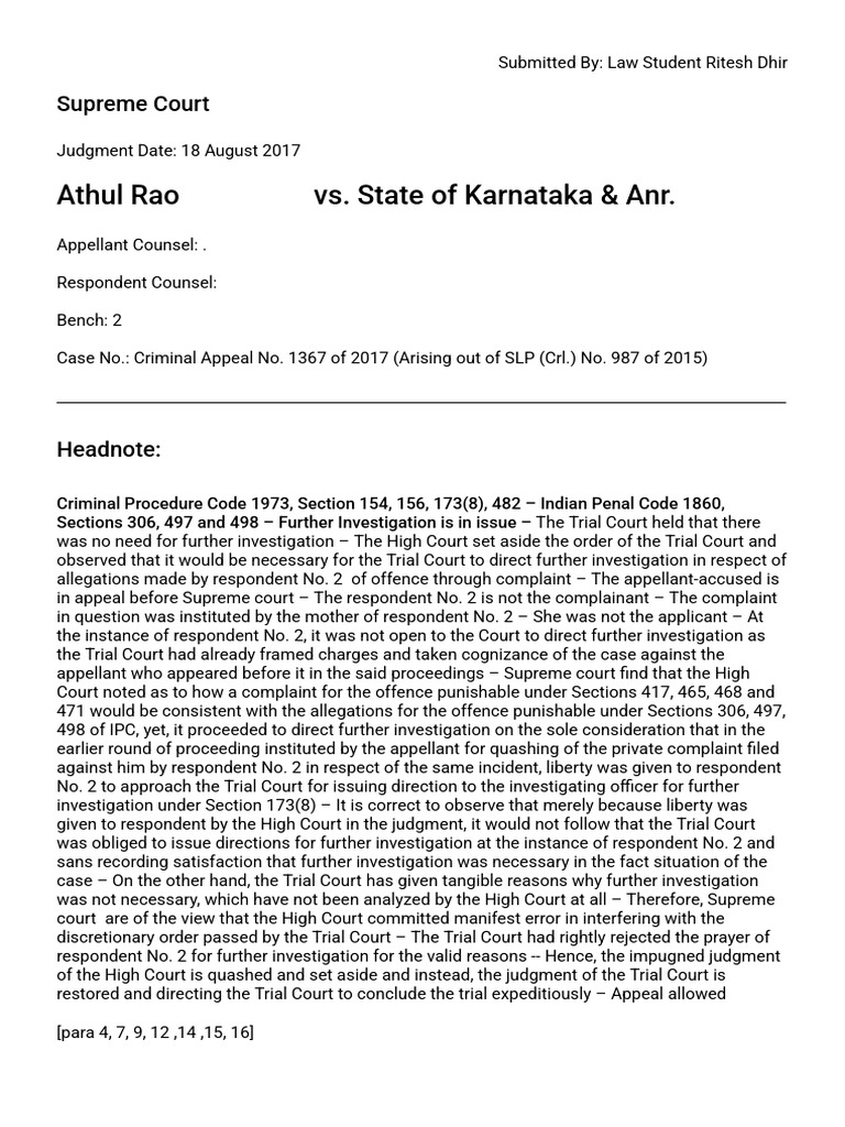 Athul Rao - Vs State of Karnataka Anr | PDF | Judgment (Law) | Trials