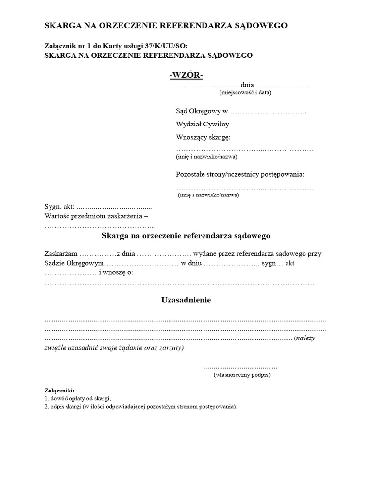 Skarga Na Orzeczenie Referendarza Sądowego P | PDF