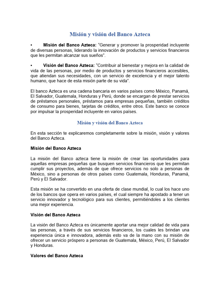 Mision y Vision Del Banco Azteca | PDF | Business | Economias