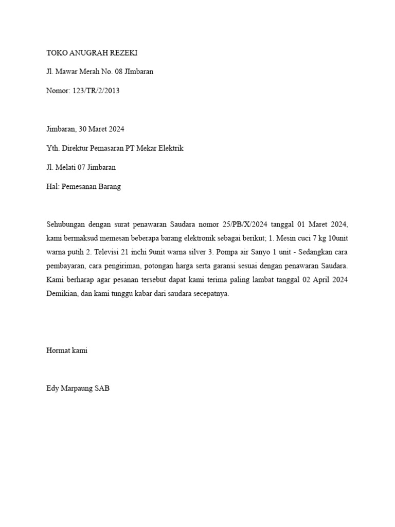 Pesanan Barang Elektronik Toko Anugrah | PDF | Pengelolaan Keuangan & Uang