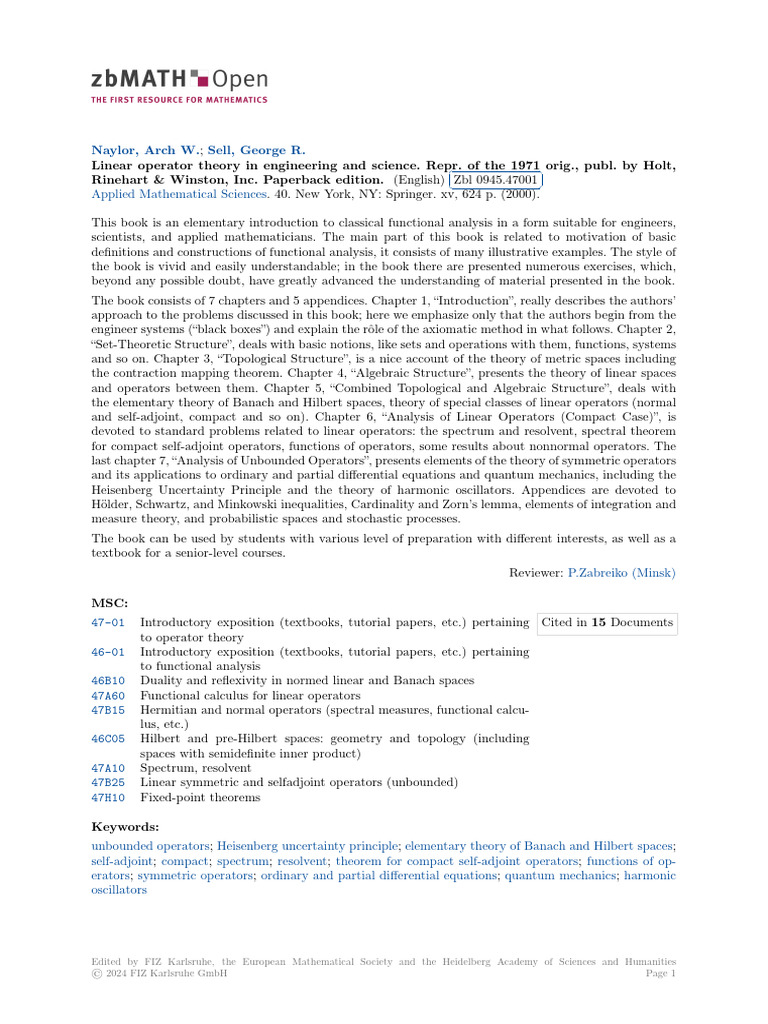 Review of Naylor and Sell's Linear Operator Theory in Engineering and Science (2nd Ed ...