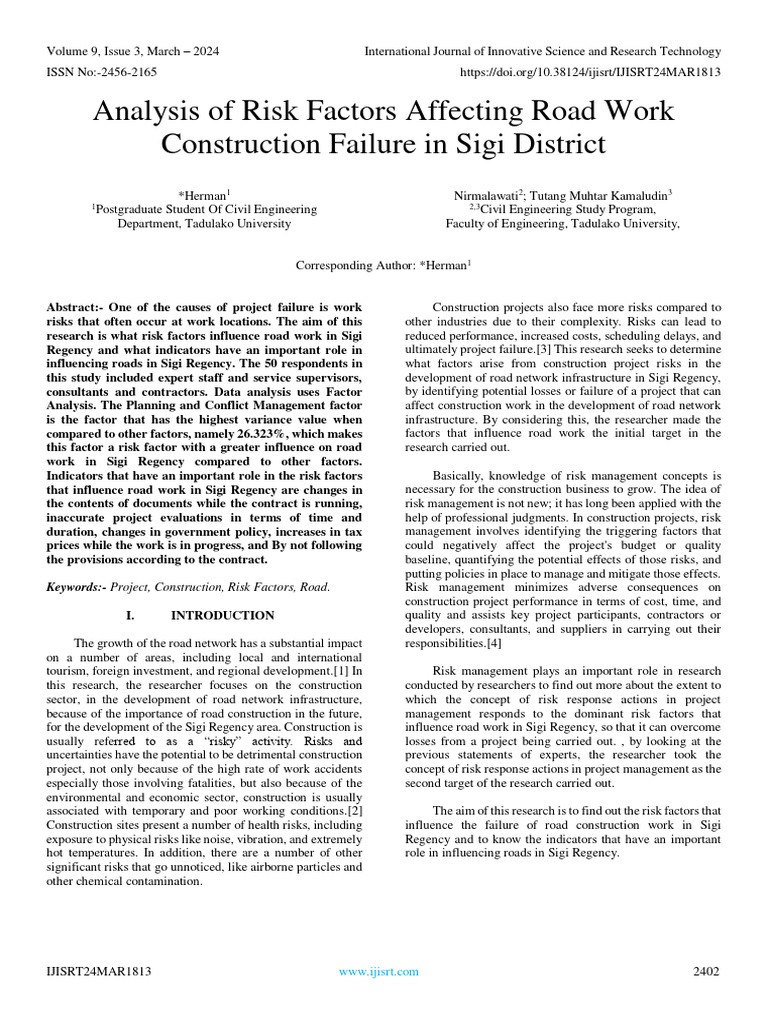 Analysis of Risk Factors Affecting Road Work Construction Failure in ...