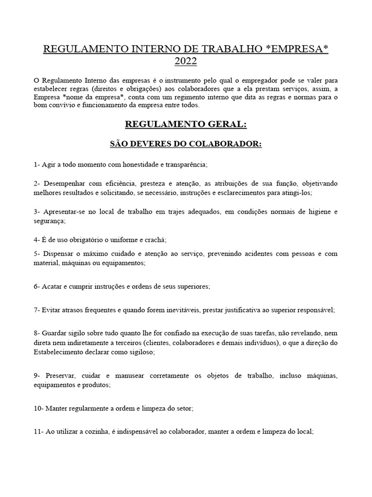 REGULAMENTO INTERNO Modelo | PDF