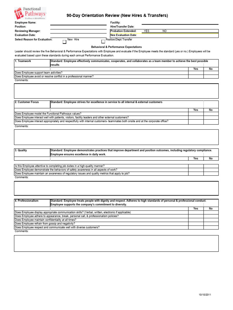 90-Day Employee Review Template | PDF | Employment | Evaluation