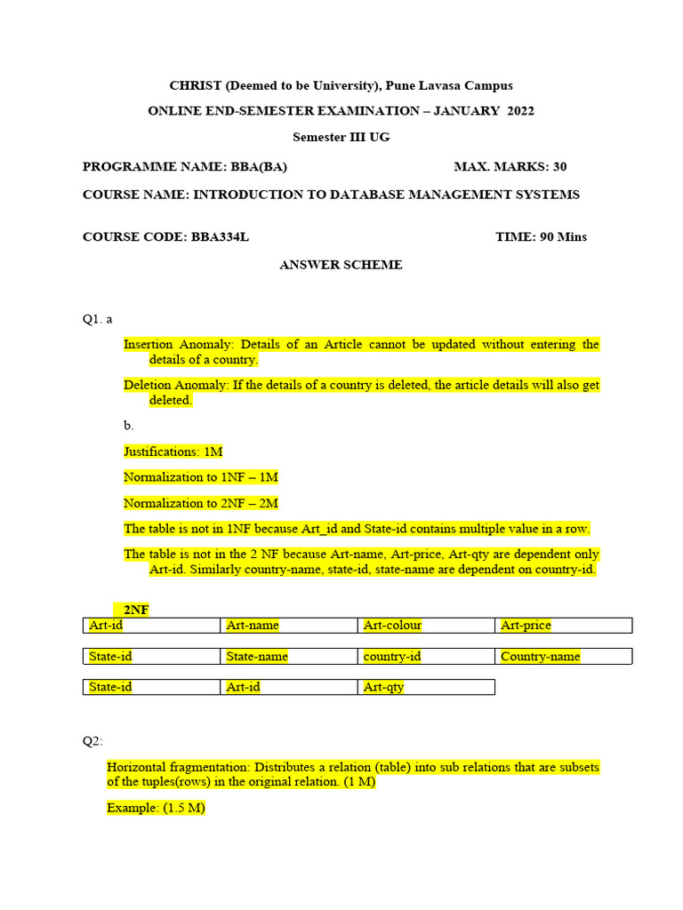 BBA - DBMS Scheme Set 1-Answers | PDF | Databases | Data