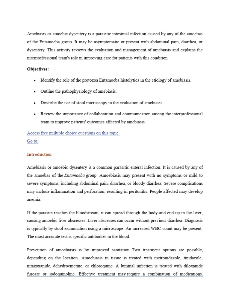 Amebiasis or Amoebic Dysentery Is A Parasitic Intestinal Infection ...