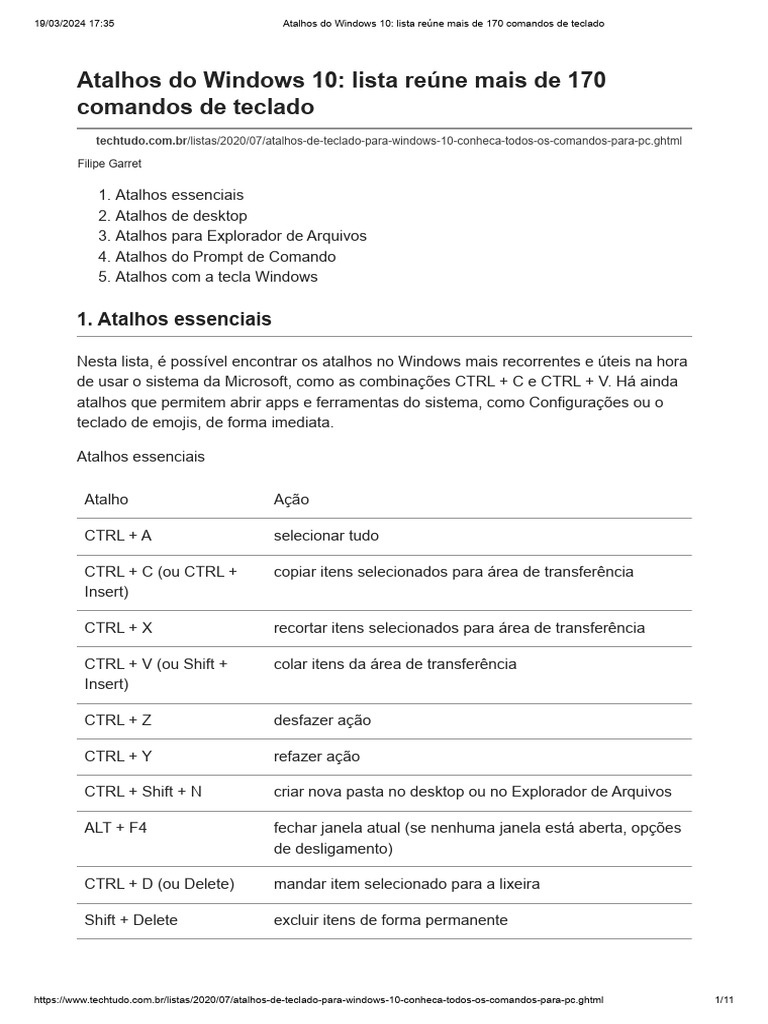 Atalhos do Windows 10_ lista reúne mais de 170 comandos de teclado ...