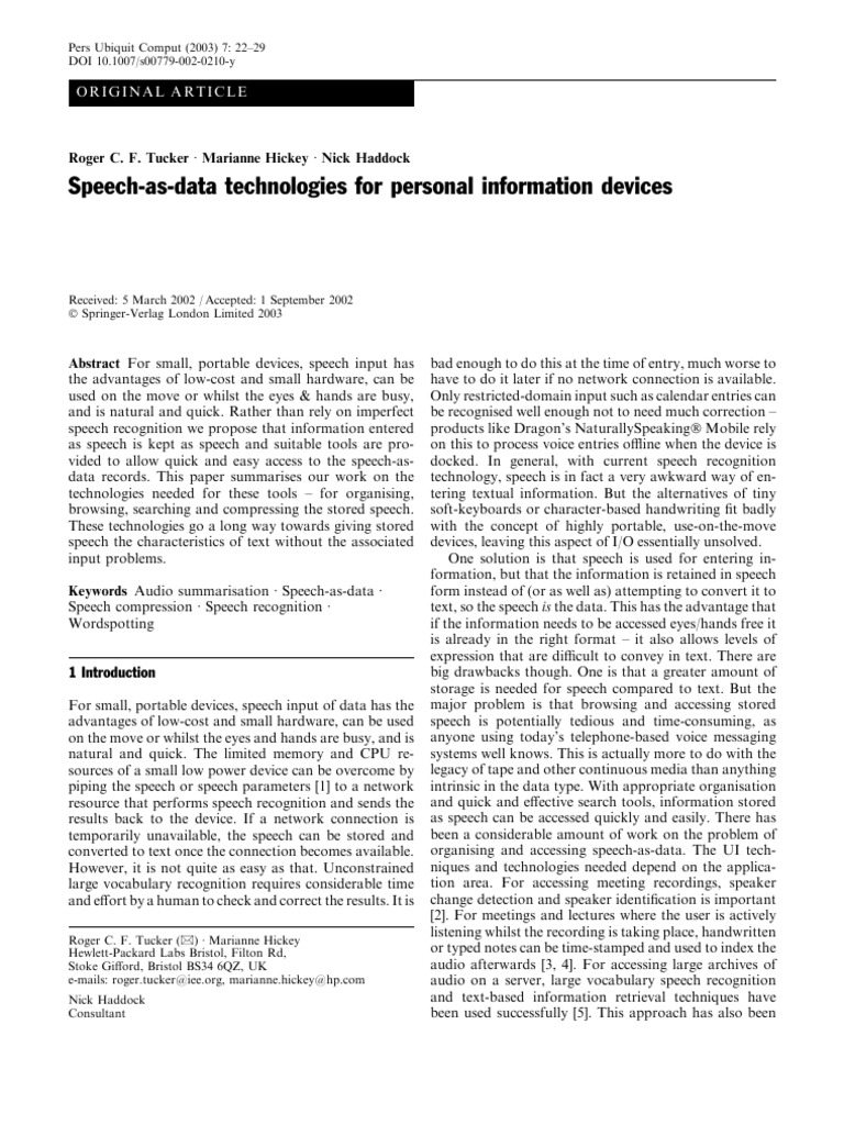 Speech-As-Data Technologies For Personal Information Devices | PDF | Data Compression | Speech ...