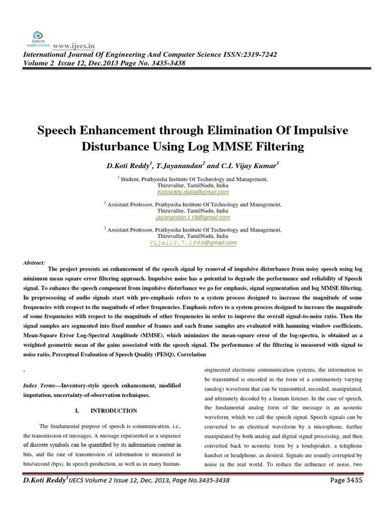 Speech Enhancement Through Elimination of Impulsive Disturbance Using Log MMSE Filtering | PDF ...