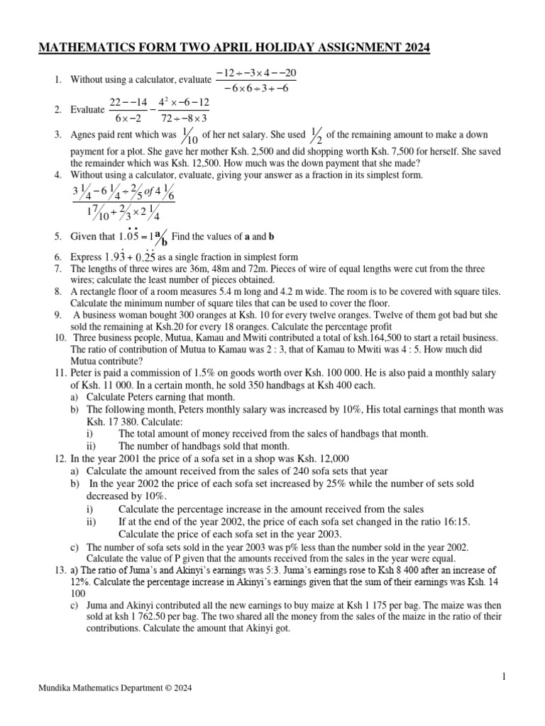 Math Form Two April Holiday Assignment 2024 | PDF | Elementary Geometry | Mathematics