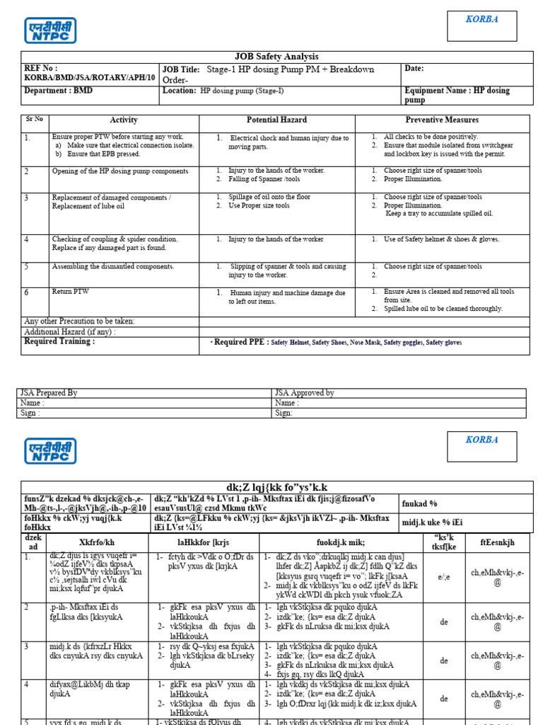 JSA HP Dosing Pump PM & Breakdown | PDF | Workplace | Working Conditions