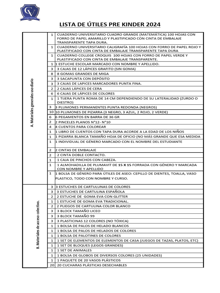 05 Lista de Utiles Pre Kinder 2024 Ok | PDF | Lápiz