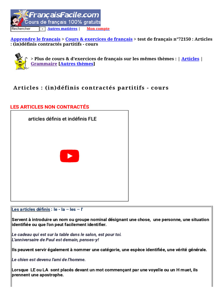 Articles - (In) Définis Contractés Partitifs | PDF | Genre grammatical ...