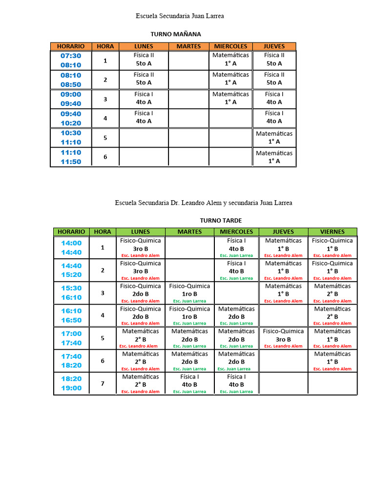 Horarios Escuela Secundaria Juan Larrea | PDF
