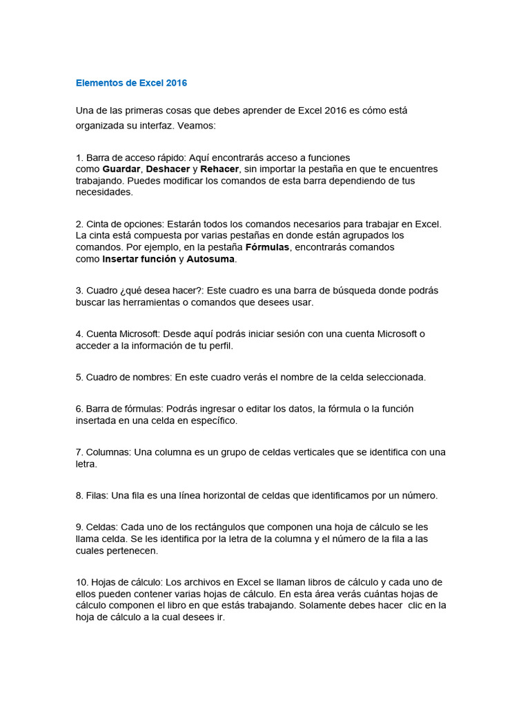 Elementos de Excel 2016 | PDF | Microsoft Excel | Fórmula Elementos de Excel 2016 | PDF | Microsoft Excel | Fórmula