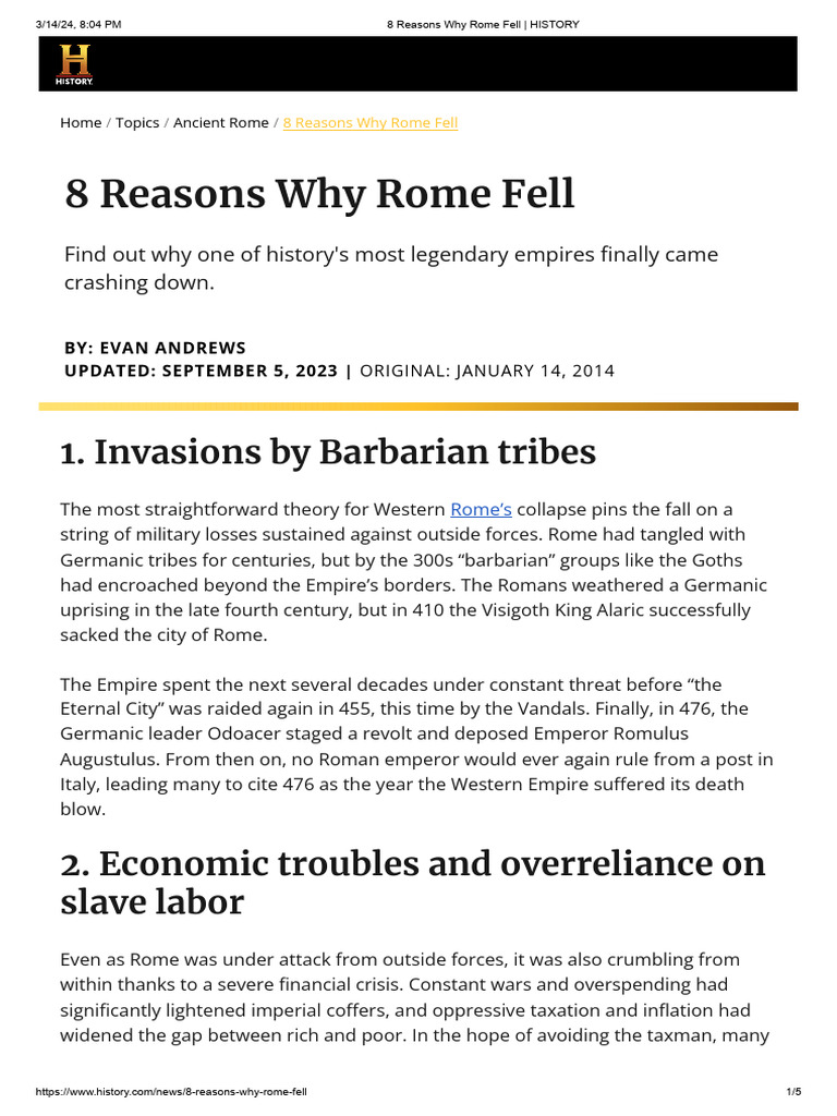 8 Reasons Why Rome Fell - HISTORY | PDF | Byzantine Empire | Roman Empire