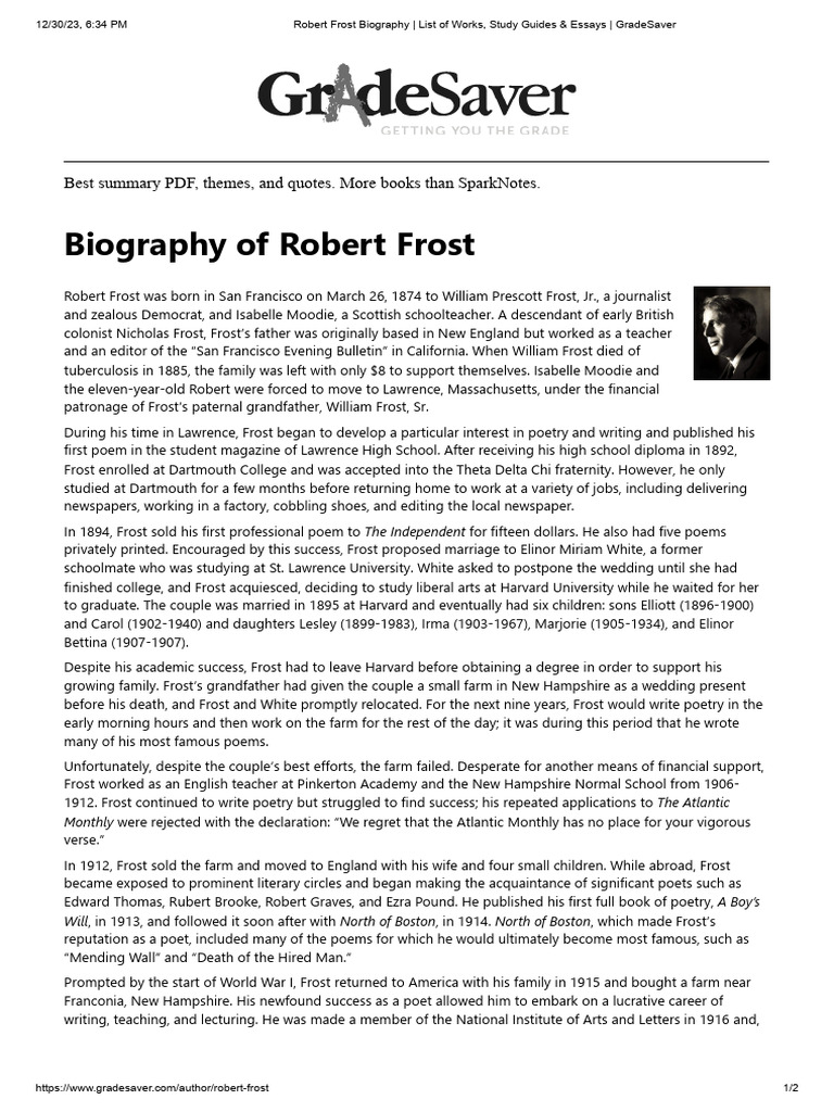 Robert Frost Biography - List of Works, Study Guides & Essays ...