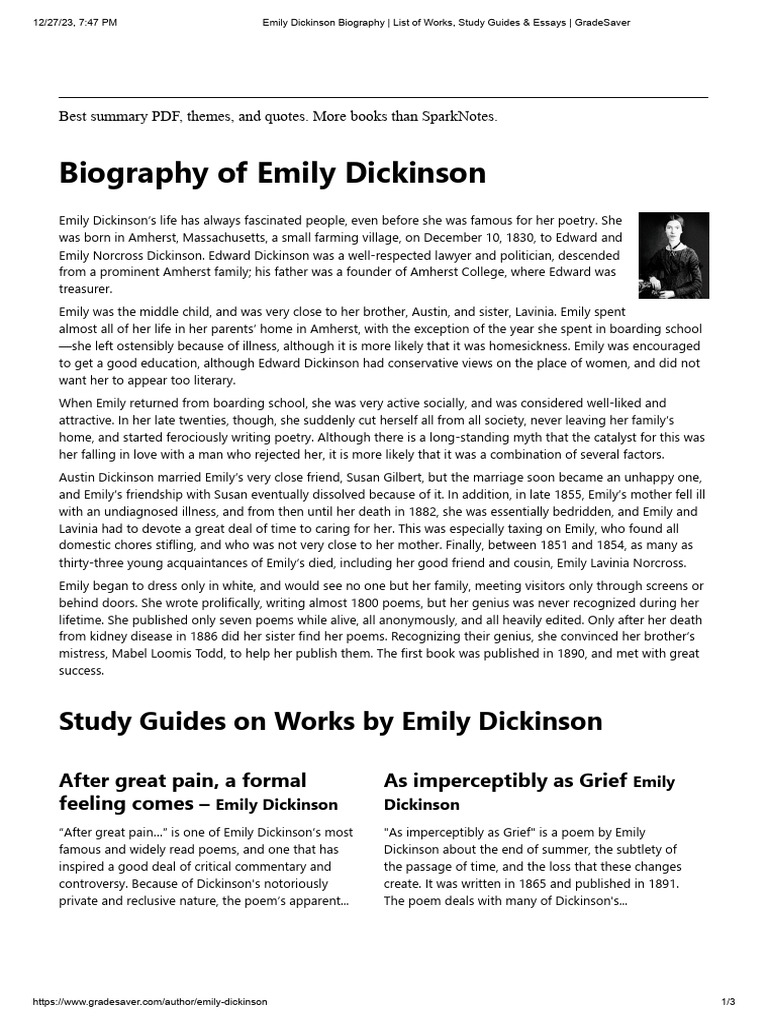 Emily Dickinson Biography - List of Works, Study Guides & Essays ...