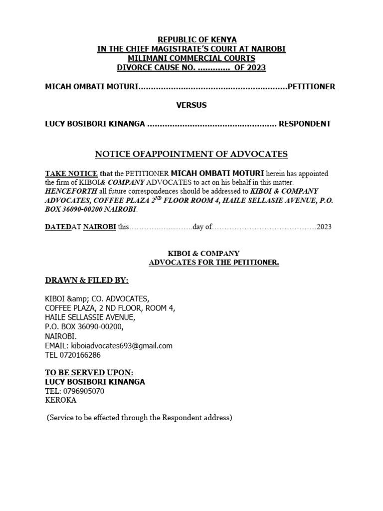 Divorce Petition: Micah Moturi vs. Lucy Kinanga | PDF | Social ...