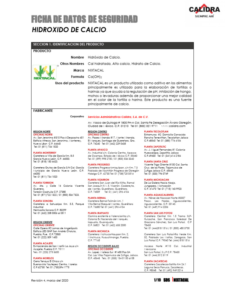 Cal Hidrtada Calhidra | PDF | Ácido | Agua