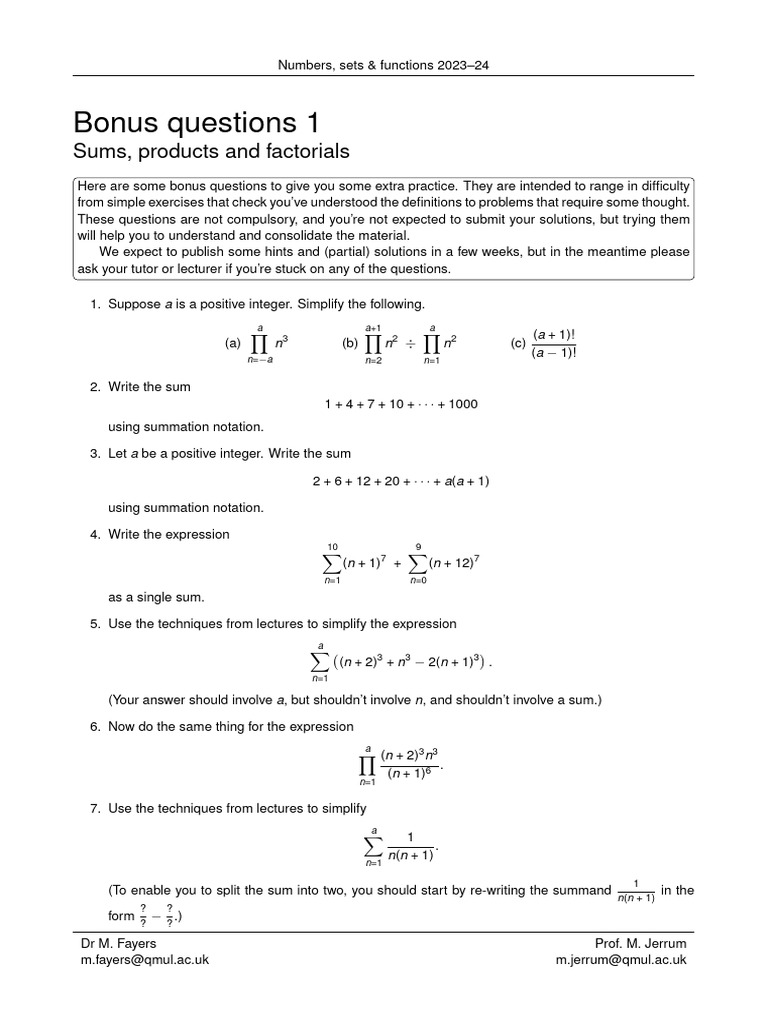 Bonus Math Questions: Sums & Products | PDF | Summation | Number Theory