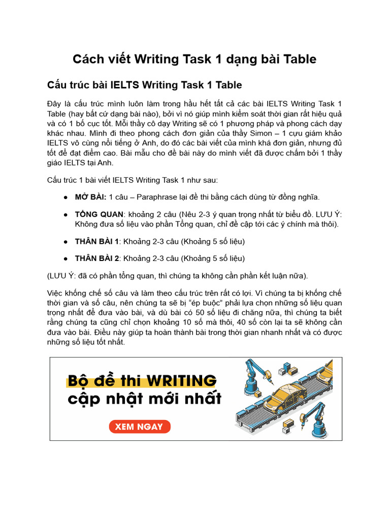Cách viết Writing Task 1 - Table | PDF