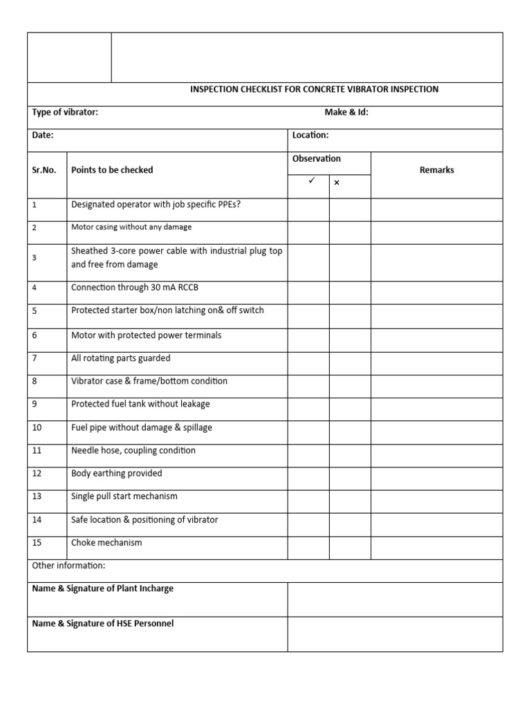 Checklist For Concrete Vibrator. | PDF