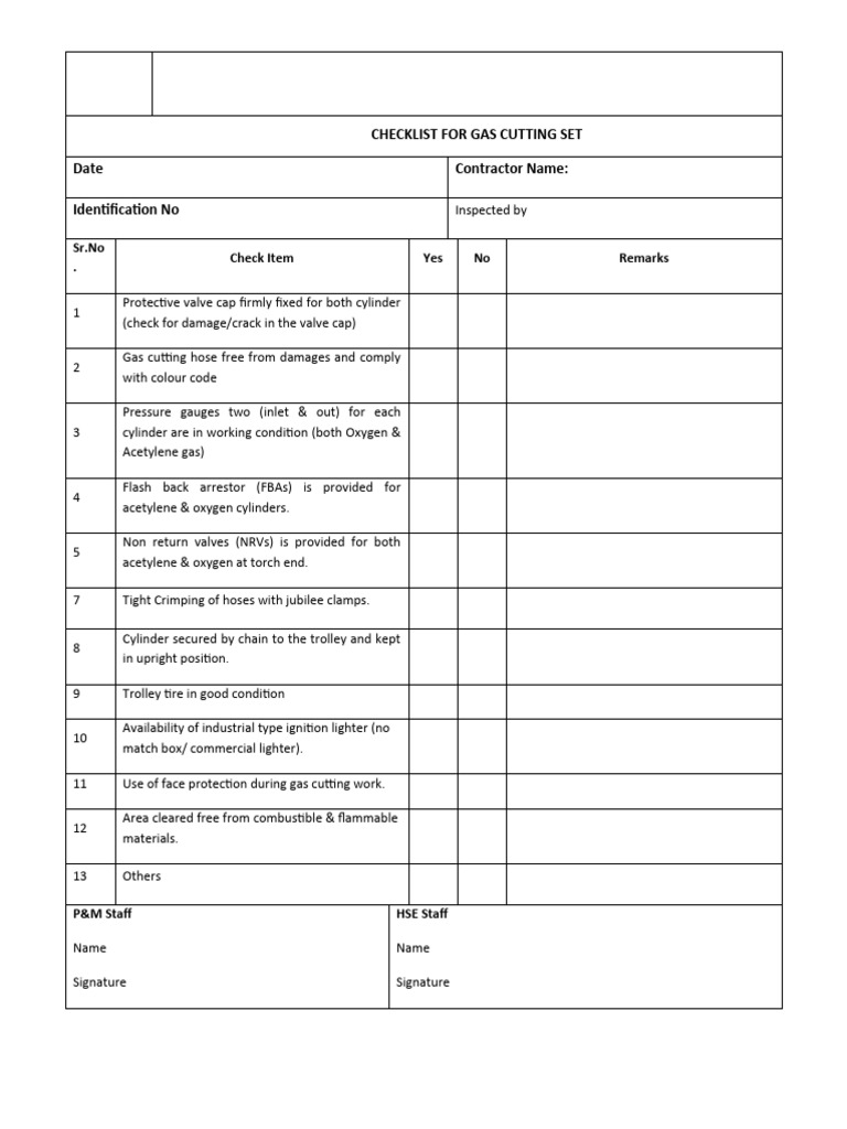 CHECKLIST FOR GAS CUTTING SET | PDF CHECKLIST FOR GAS CUTTING SET | PDF