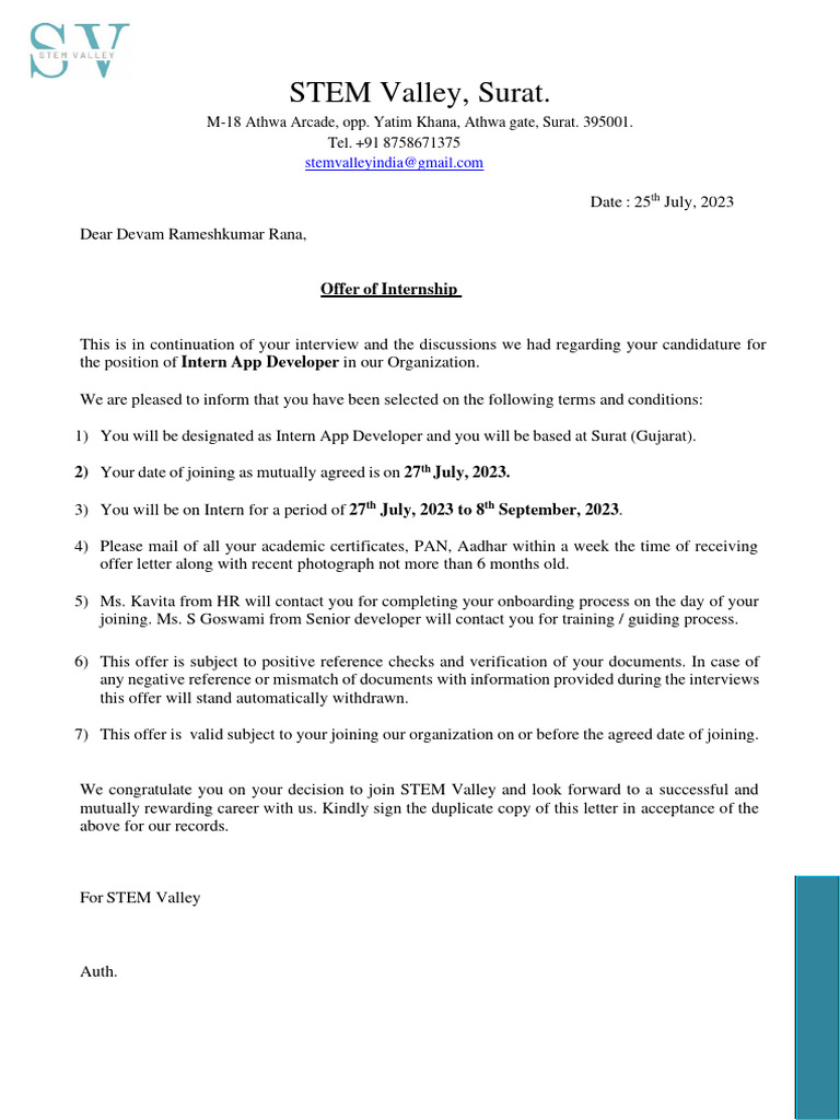 Internship Latter Steam Velly | PDF