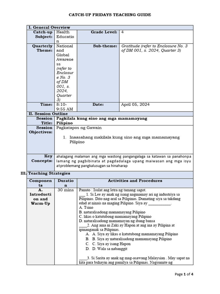 Grade4-Values-Ed - Catch-Up-Friday Arpril | PDF