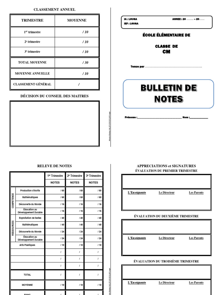 Bulletin Scolaire CM1-CM2 Vierge à Imprimer | PDF
