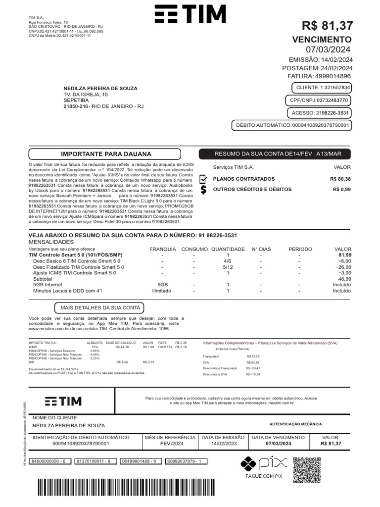 Fatura TIM 2024 | Download grátis PDF | Pagamentos