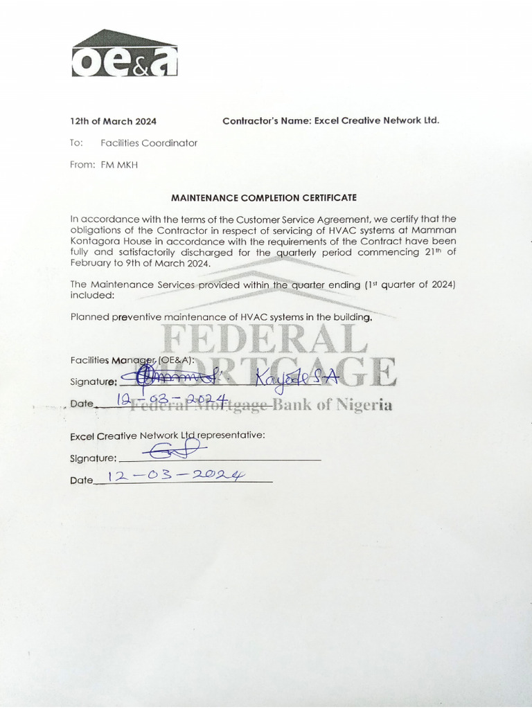 Maintenance Completion Certificate | PDF