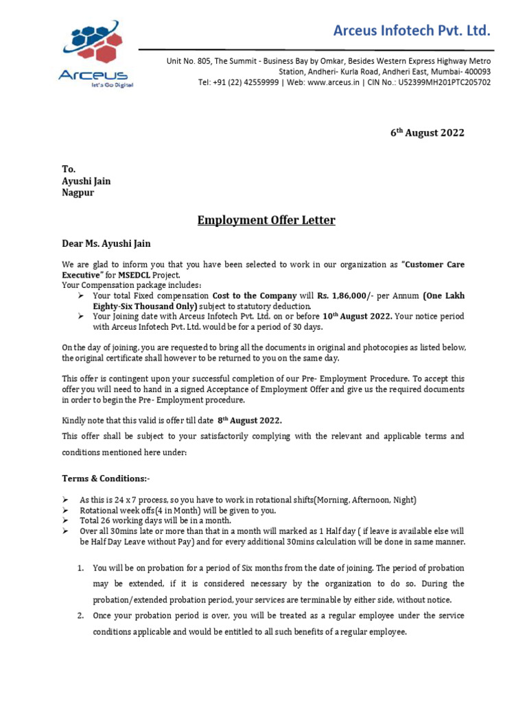 Employment Offer for Ayushi Jain | PDF | Justice | Crime & Violence