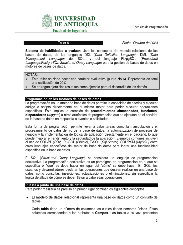 Taller Modelo Relacional y Base de Datos POSTGRES | PDF | SQL | Bases de datos